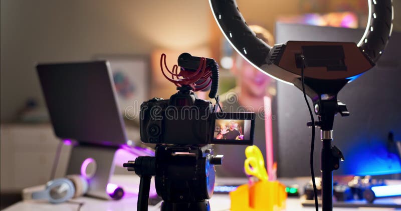 Computer, Camera and Man with Live Streaming, Content Creator and ...