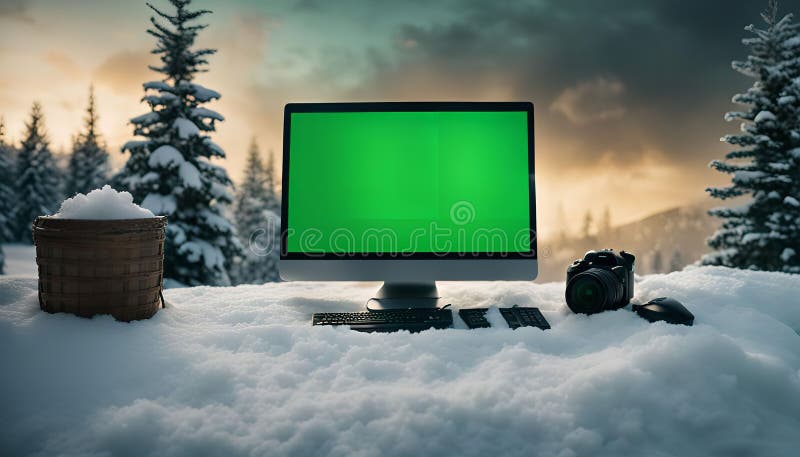 Computer and Camera in Snowy Forest Stock Illustration - Illustration ...
