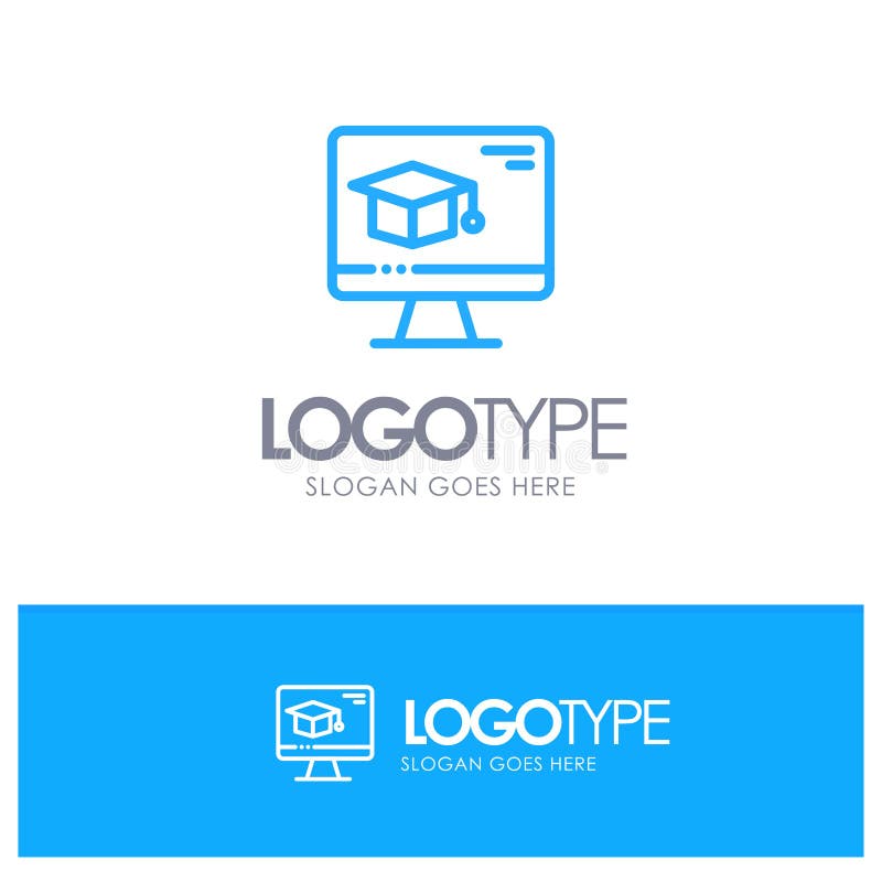 Computer, Cap, Education, Graduation Blue OutLine Logo with Place for ...