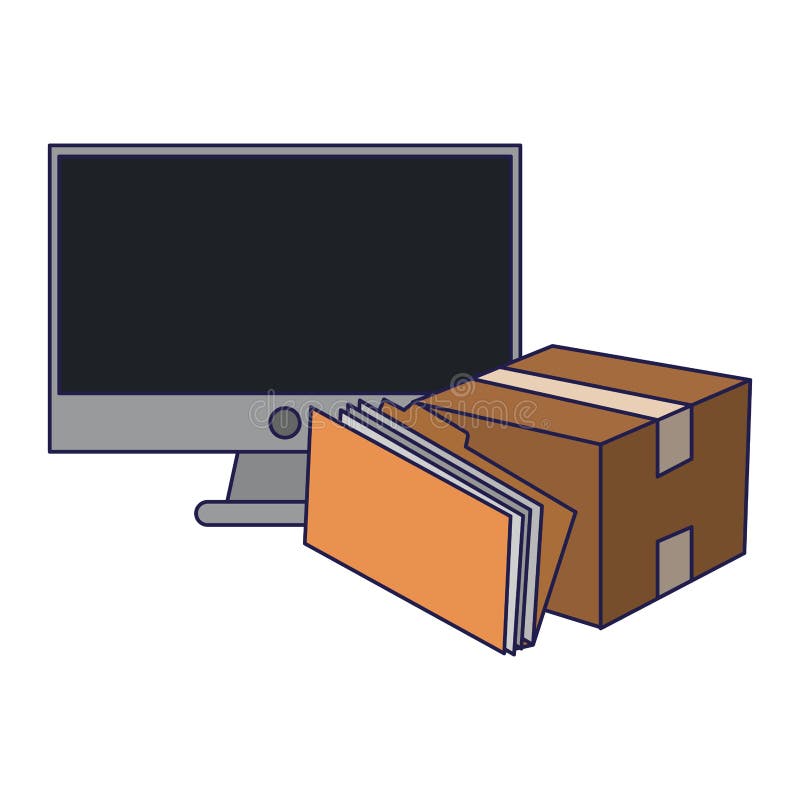 Computer and Cardboard Box with Folder Blue Lines Stock Vector ...