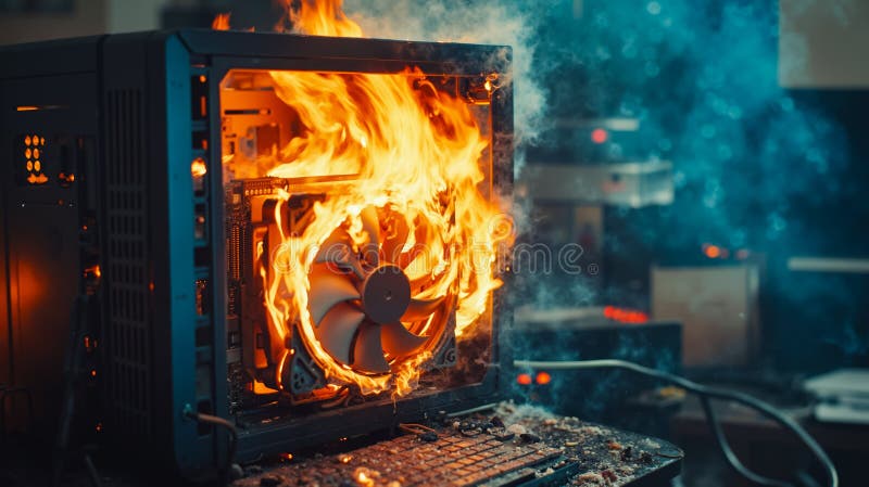 A Computer Case on Fire with a Fan on Top of it Stock Image - Image of ...