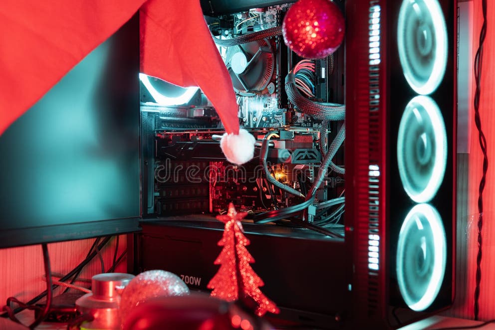 Computer Case with RGB Lights Surrounded by Christmas Decorations Stock ...