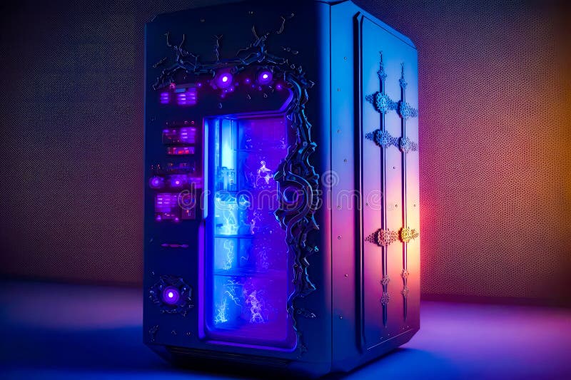 Computer Case Sitting on Top of Table Next To Neon Light. Generative AI ...