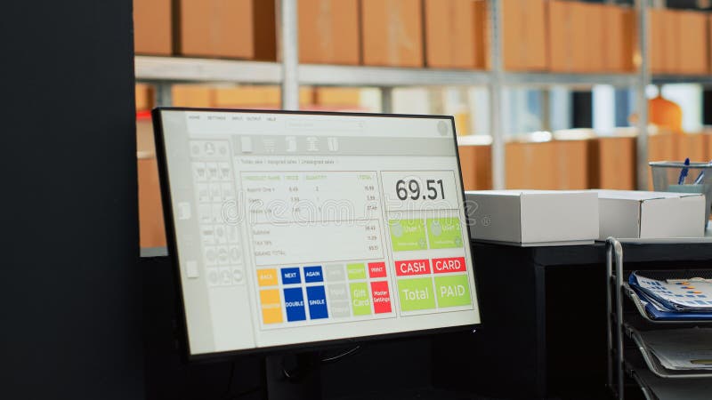 Computer with Cash Register in Empty Storage Room Stock Photo - Image ...