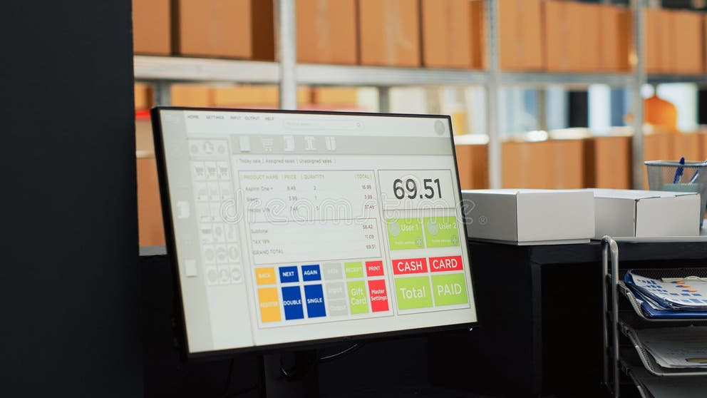 Computer with Cash Register in Empty Storage Room Stock Photo - Image ...