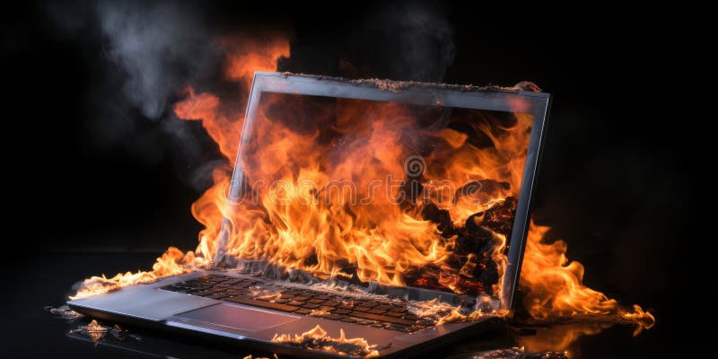 Laptop Fiercely Burning and Smoking Stock Illustration - Illustration ...