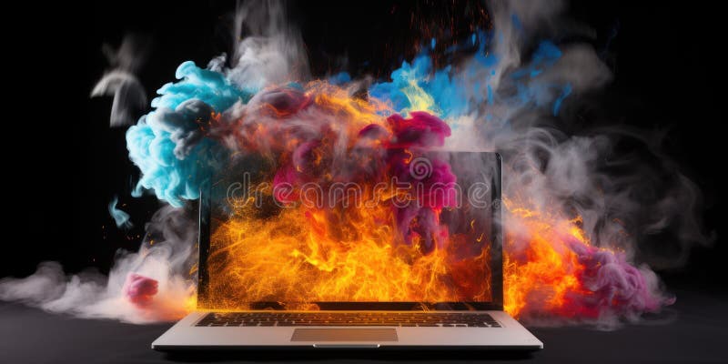 Laptop Fiercely Burning and Smoking. AI Generative Stock Illustration ...