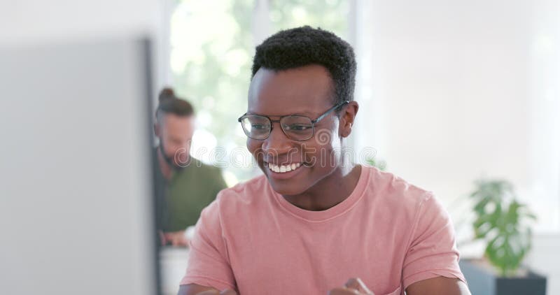 Computer, Celebration and Excited Black Man Happy for ERP Software ...