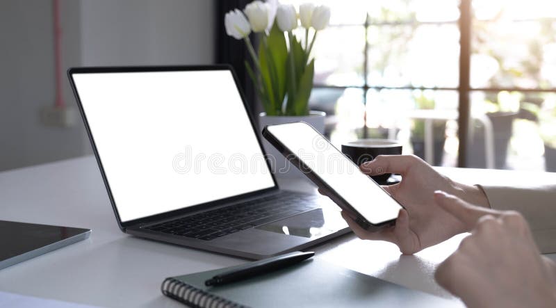 Computer,cell Phone Mockup Image Blank Screen with White Background for ...