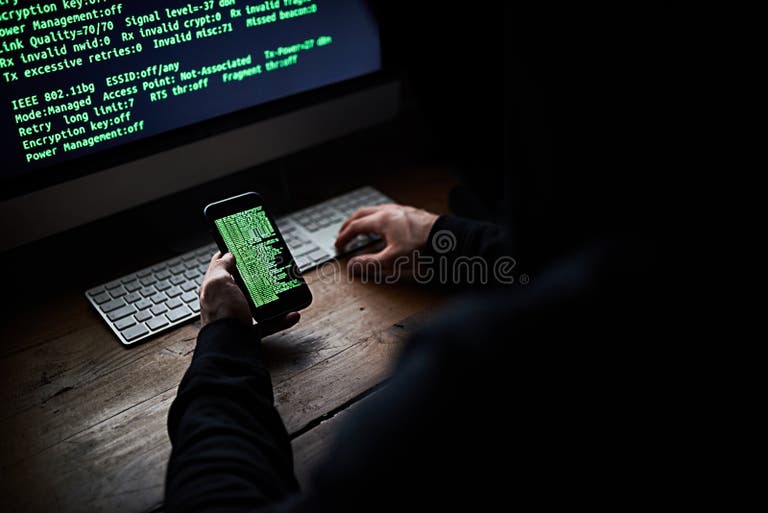 Computer Cellphone And Hands For Hacker Coding And Scam Or Fintech