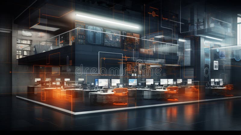Computer Center, Visualization Concept. Light Black and Orange. Stock ...