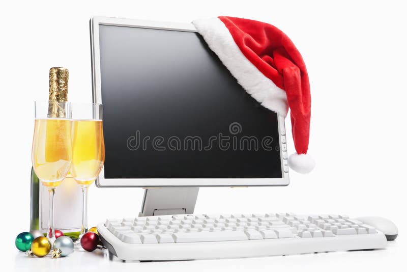 Computer, Champagne and Santa Hat Stock Photo - Image of white, monitor ...
