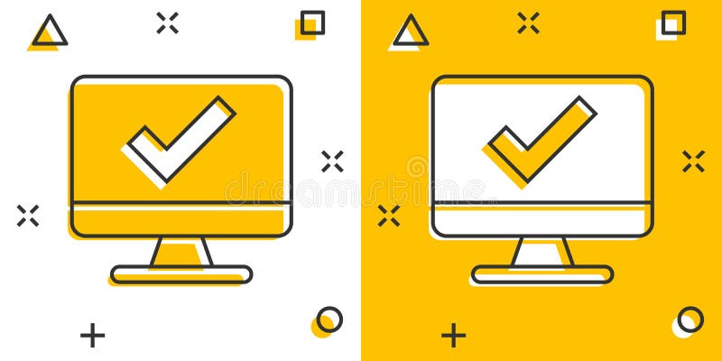 Computer Check Mark Icon in Comic Style. Survey Approval Cartoon Vector ...