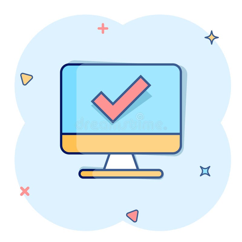 Computer Check Mark Icon in Comic Style. Survey Approval Cartoon Vector ...