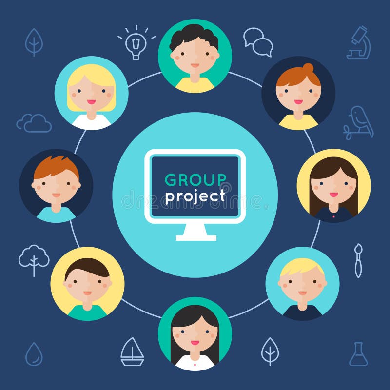 Computer and Children Faces. Group Project Flat Illustration Stock ...
