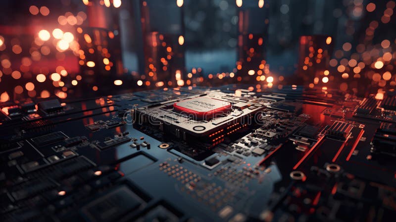 Computer Chip AI with Red Light Stock Illustration - Illustration of ...