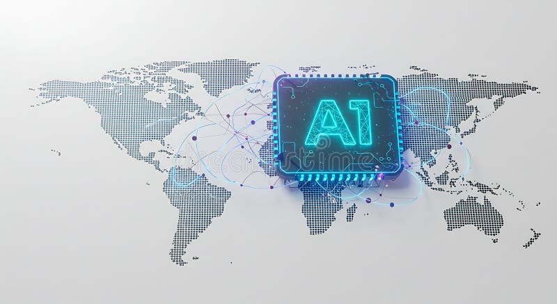 Computer Chip with "AI" on it, Set Over a Dotted World Map Background. the Chip is Stock ...