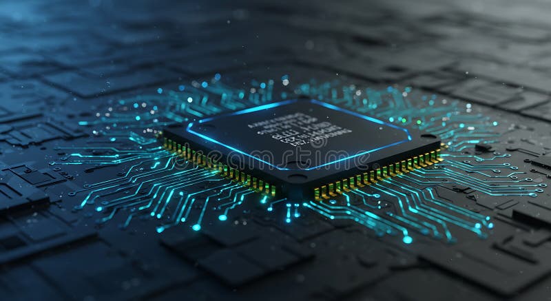 Computer Chip on a Black Circuit Board with Glowing Blue Lines ...
