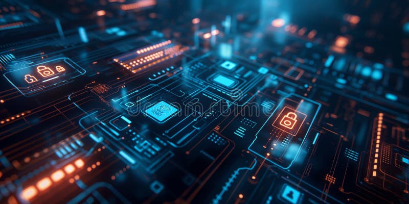 A Computer Chip with a Blue Background and Orange and Red Lights ...