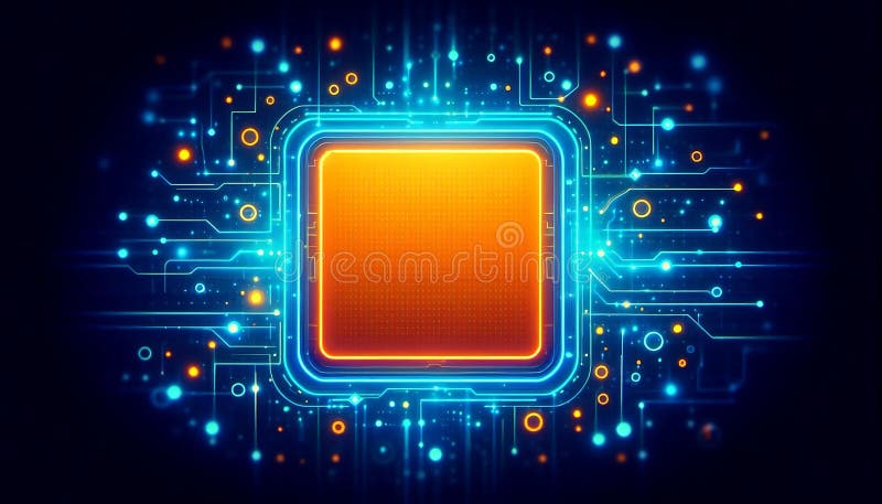 A Computer Chip with a Blue Background and Orange Square Stock ...