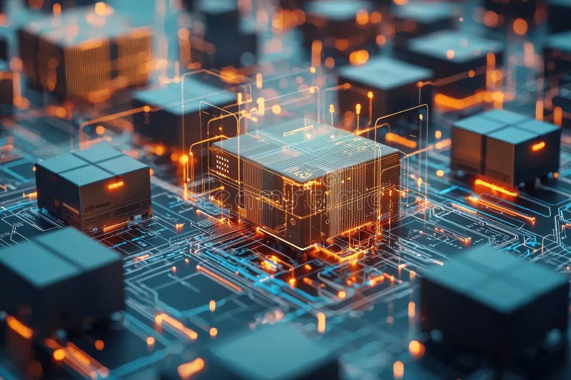 A Computer Chip with a Blue Background and Orange Squares Stock Photo ...