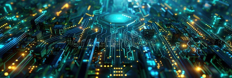 A Computer Chip with a Blue Background and Yellow Lights Stock ...