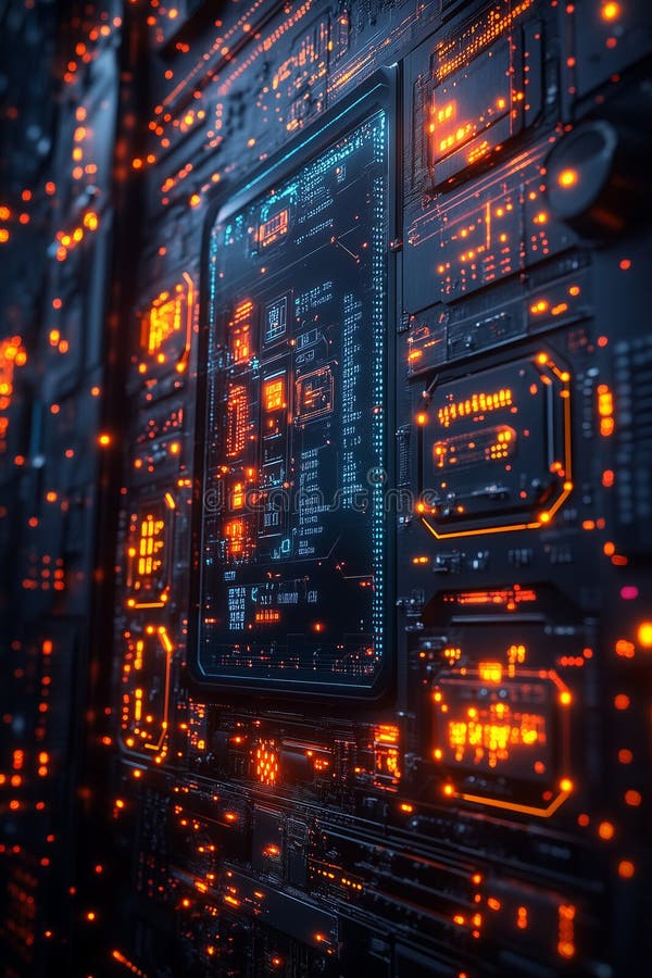 A Computer Chip with a Blue Screen and Orange Lights Stock Illustration ...