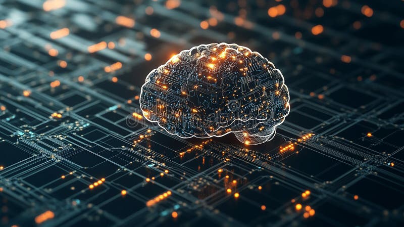 A Computer Chip with a Brain on it. the Brain is Orange and Yellow. the ...