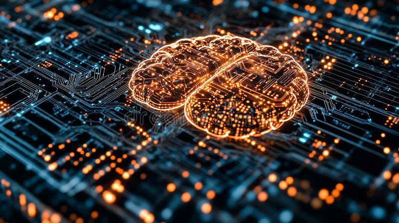 A Computer Chip with a Brain on it. the Brain is Orange and Yellow. the ...