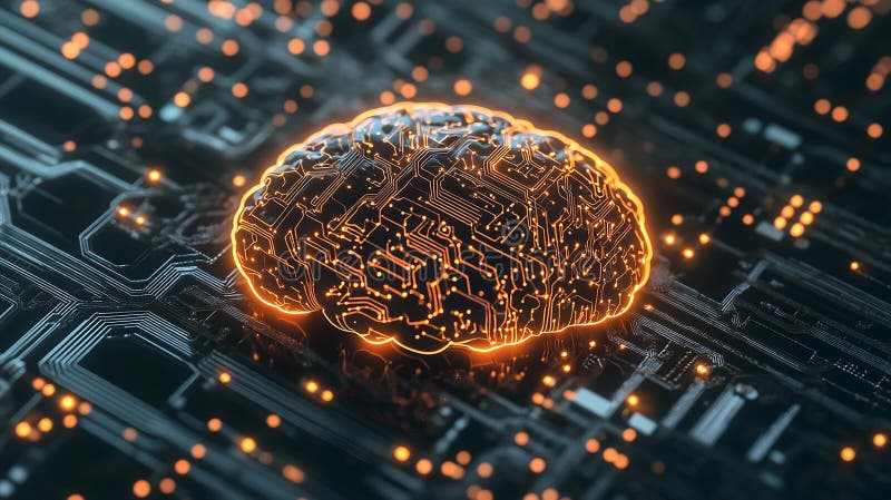 A Computer Chip with a Brain on it. the Brain is Orange and Yellow. the ...