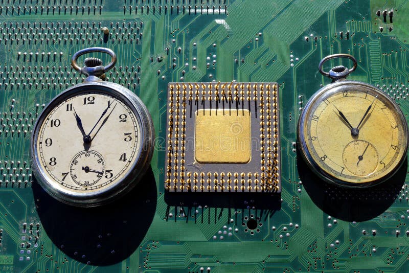 Computer Chip on Circuit Board and Pocket Watch Stock Photo - Image of ...