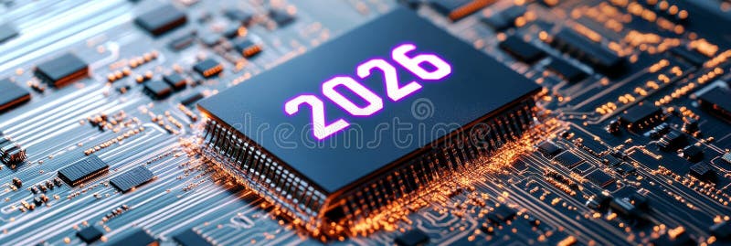 Computer Chip Close-Up, Illuminated Number 2026, Symbolizing ...