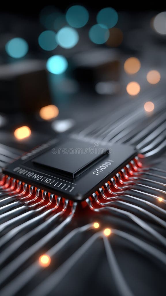 Computer Chip Connected To Wires Showing Data Transmission and ...
