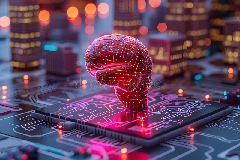 Computer Chip with Glowing Brain. Generative AI Stock Illustration ...