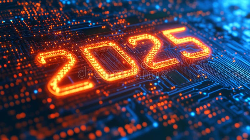 A Computer Chip with the Digits 2025 Illuminated in Orange, Giving Off ...