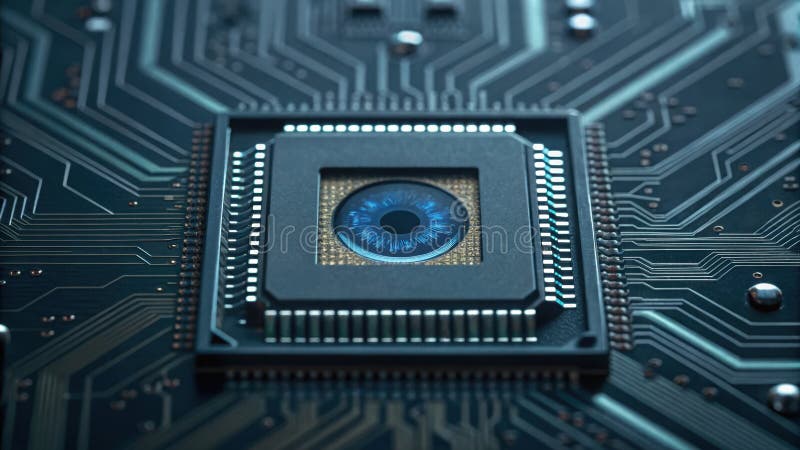 Computer Chip Featuring a Blue Eye Designed with Data Circuits and ...