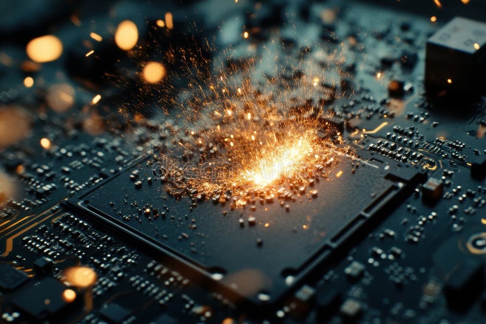 A Computer Chip is on Fire and the Sparks are Flying Everywhere Stock ...