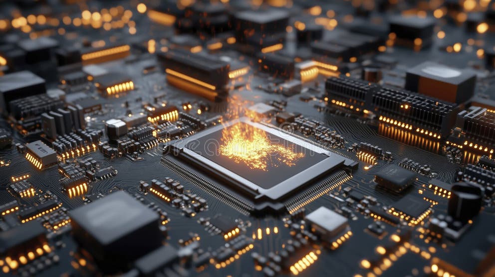A Computer Chip with a Fire on it Stock Illustration - Illustration of ...