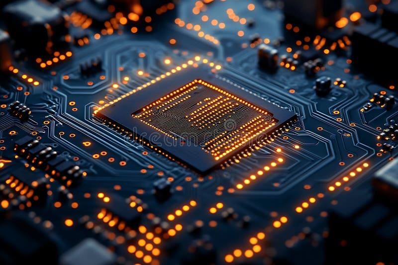 Computer Chip with Glowing Orange Circuits on a Motherboard Stock ...
