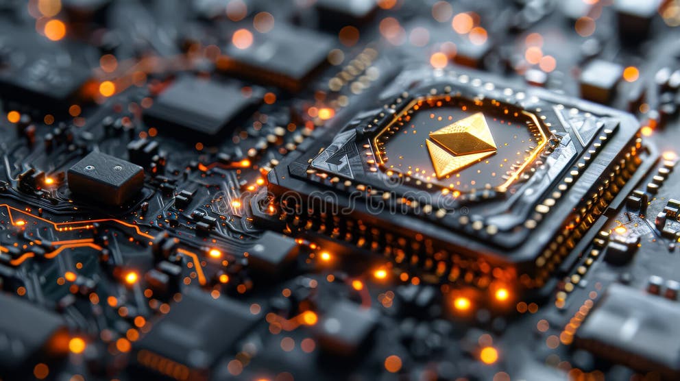 Computer Chip with a Gold Symbol on it Stock Image - Image of circuit ...
