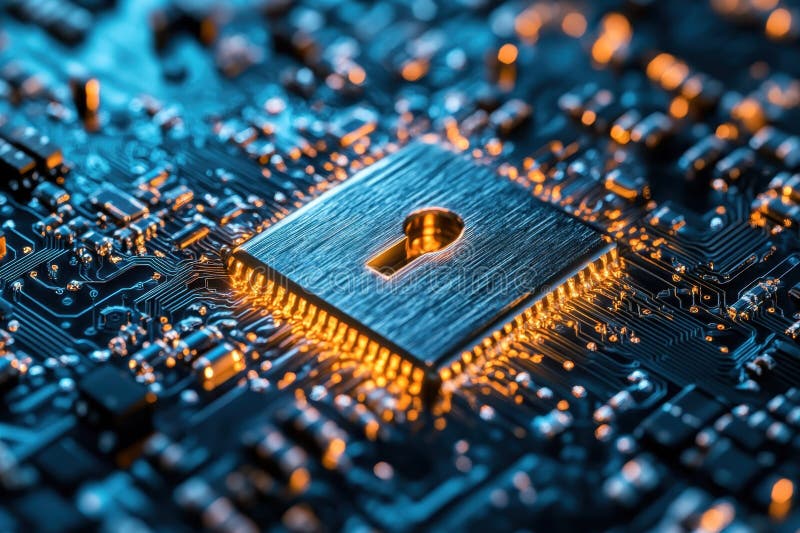 Close-up of a Computer Chip Featuring a Golden Lock Symbol Illuminated ...