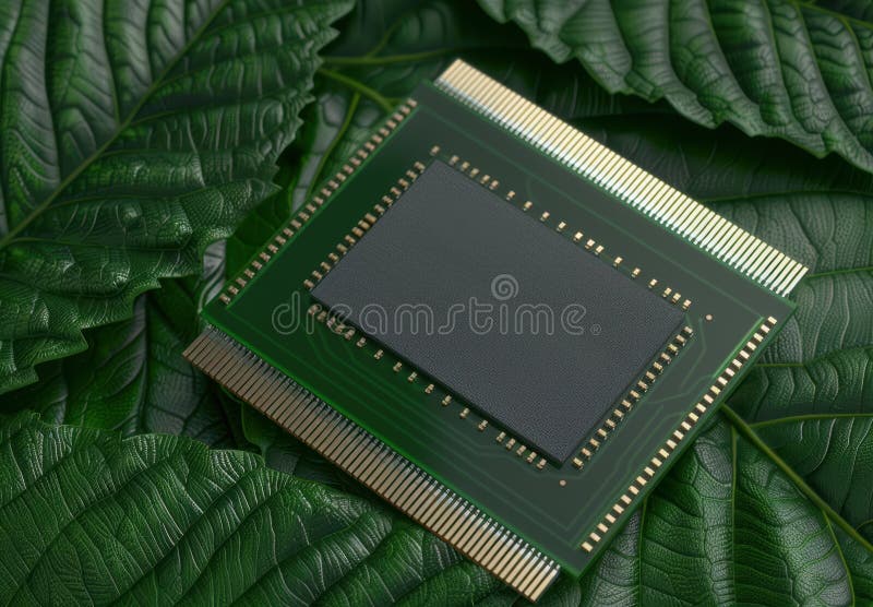 Computer Chip on Green Leaves Stock Illustration - Illustration of ...