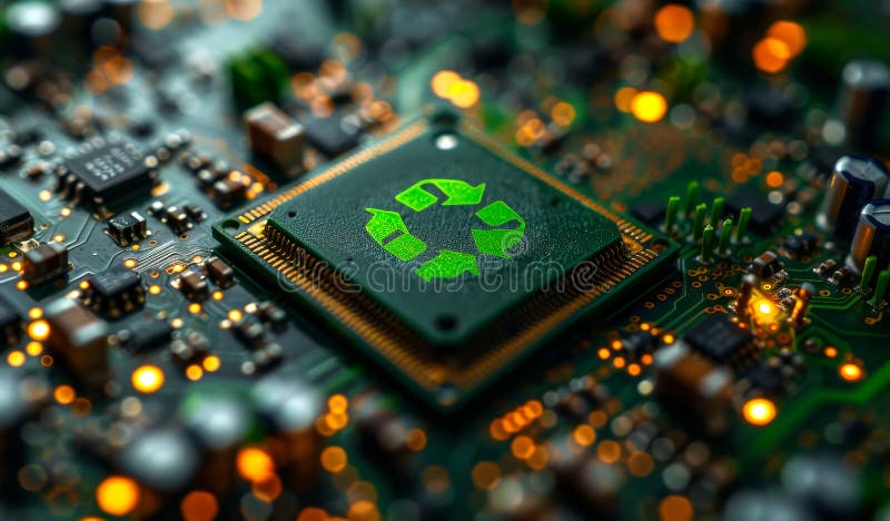 A Computer Chip with a Green Recycling Symbol on it. the Chip is ...