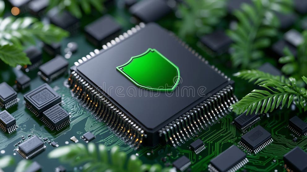 A Computer Chip with a Green Shield on Top of it Stock Photo - Image of ...