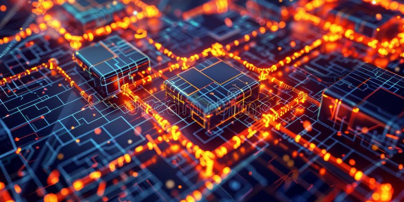 A Computer Chip with a Grid of Orange Lights Stock Illustration ...