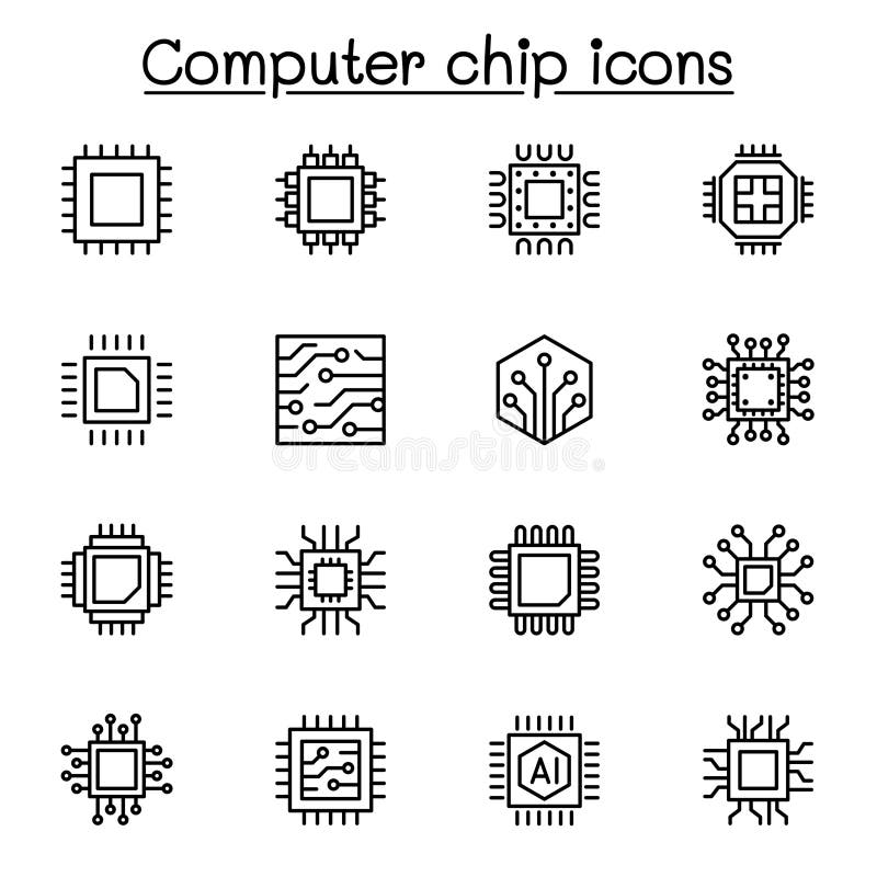 Computer Chip Icon Set in Line Style Stock Vector - Illustration of ...