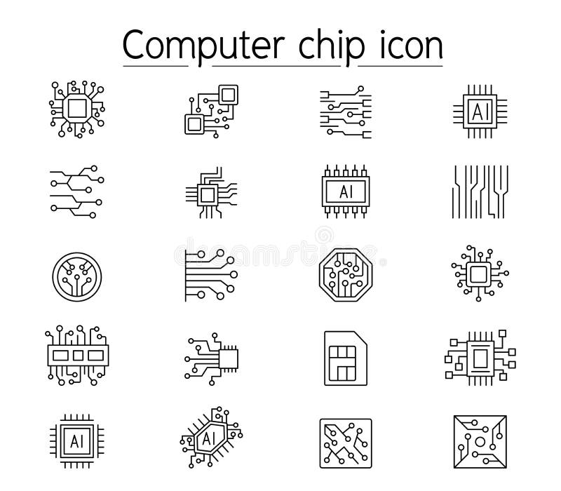 Computer Chip Icon Set in Thin Line Style Stock Vector - Illustration ...