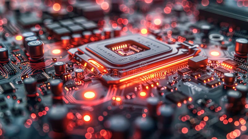 A Computer Chip is Lit Up in Red Stock Image - Image of motherboard ...