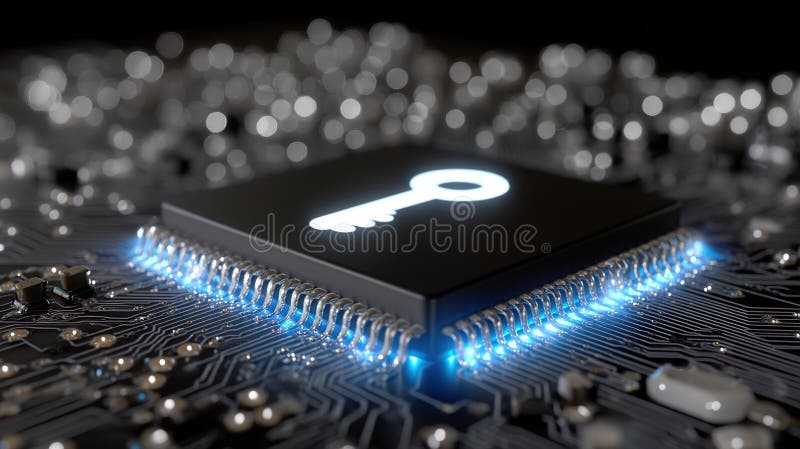 A Computer Chip with a Key Symbol Glows, Representing Digital Security ...