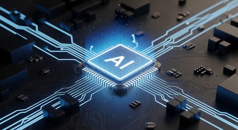 Glowing AI Microchip with Blue Circuitry and Data Pathways Stock ...